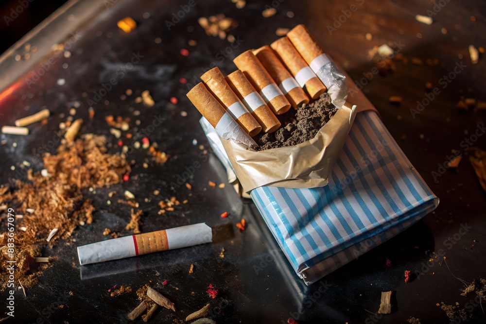 Crumpled up cigarette pack surrounded by cigarette butts on cluttered ...
