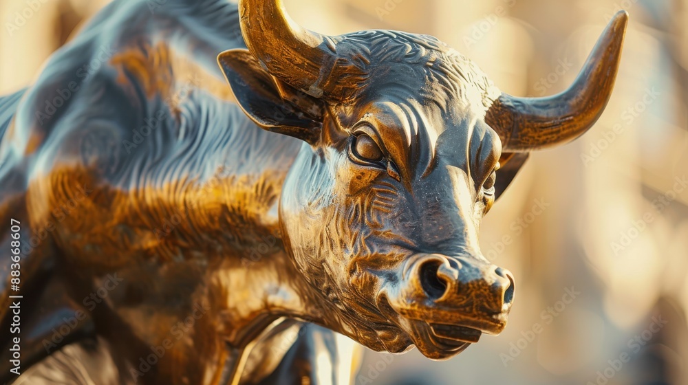 Bronze bull statue close up, focus on, copy space Symbol of market ...
