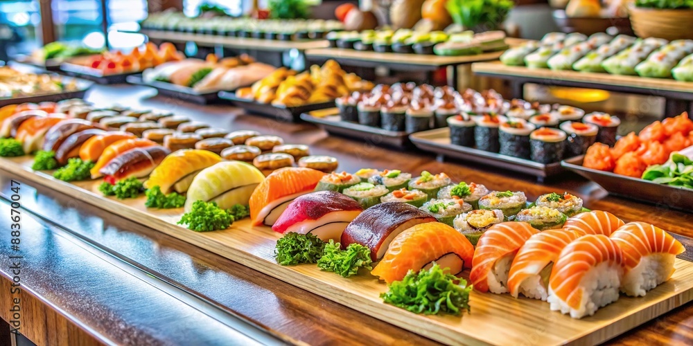 Food Japanese Assorted Sushi and Sashimi displayed in catering area ...