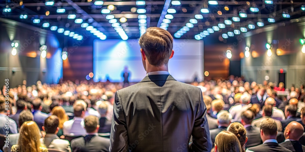 Audience Perspective of a Speaker at a Conference, Man in Suit, Blurred ...