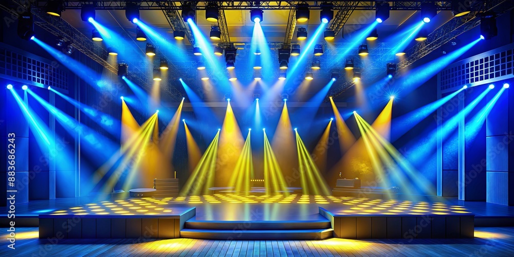 Stage Lights - Blue and Yellow Spotlights, 3D Render, Concert Stage ...