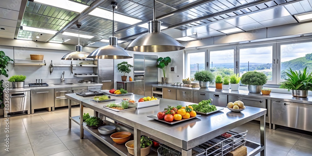 Stainless Steel Kitchen with Island and Window View, Kitchen Design ...