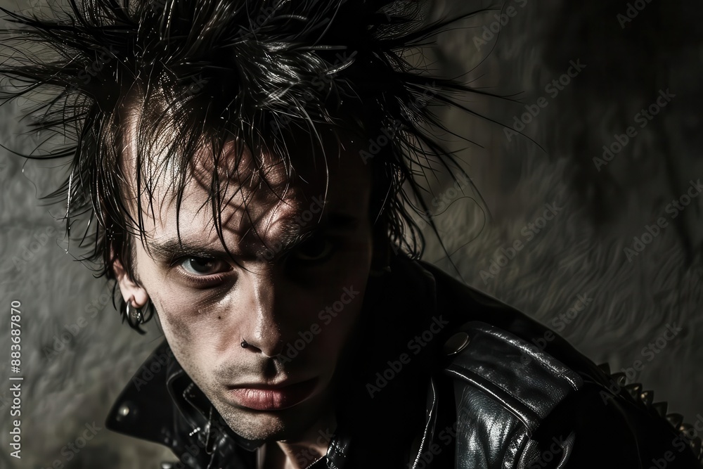 gritty portrait of a 1970s punk rocker spiked hair leather jacket and ...