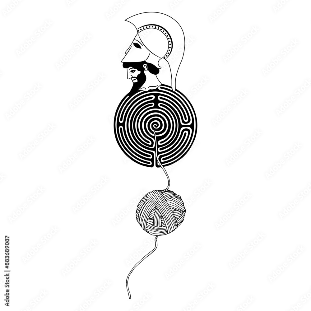 Theseus. Head of Ancient Greek warrior in a helmet with a round spiral ...