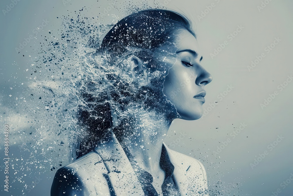conceptual portrait of a businesswoman dissolving into particles ...