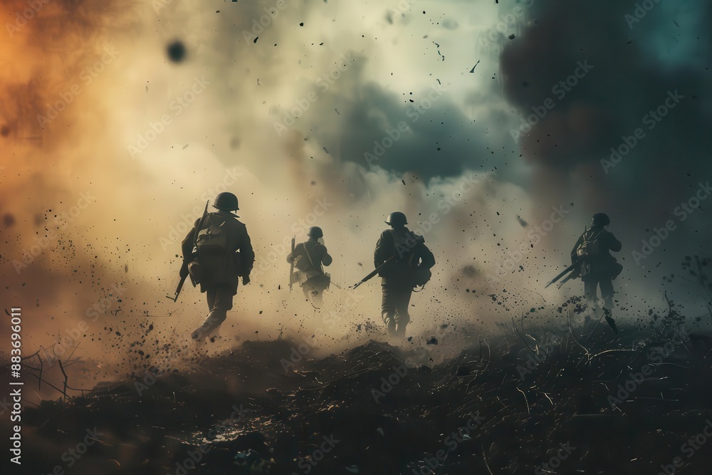 dramatic recreation of a world war ii battle scene soldiers advancing ...