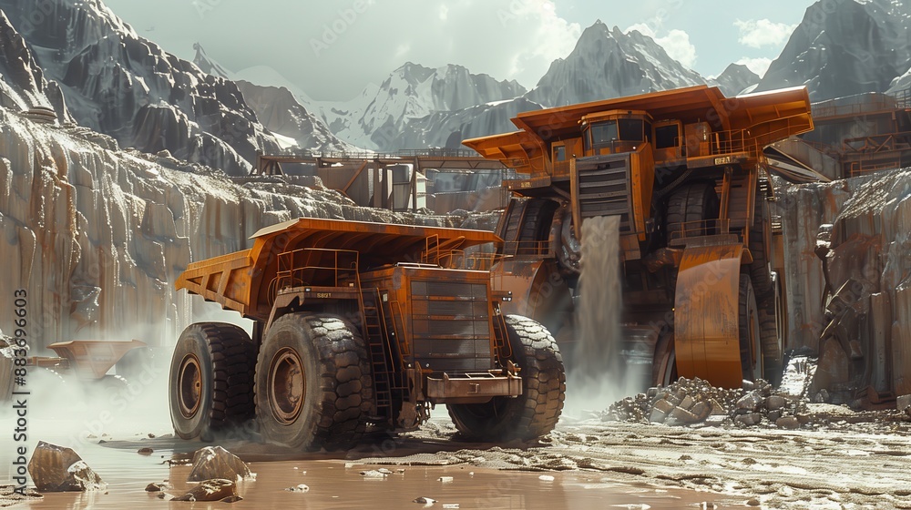 Heavy Mining Trucks at Work in Quarry. Heavy mining trucks operate in a ...