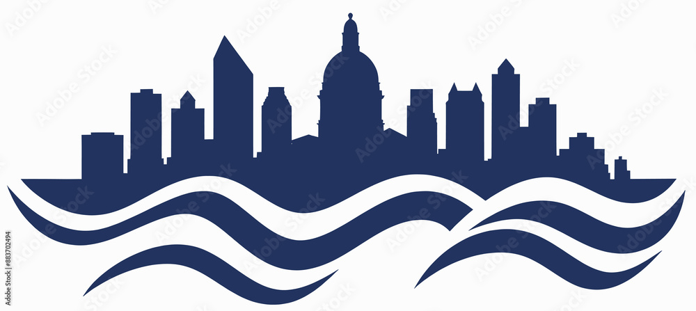 Navy Blue City Skyline with Waves for Urban Coastal-Themed Logos and ...