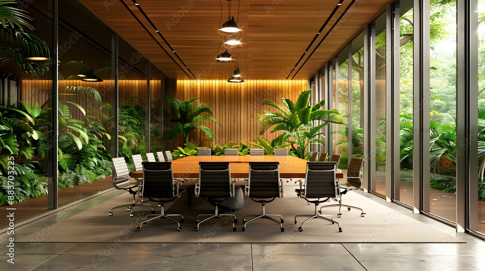 Modern executive boardroom, floor-to-ceiling glass walls, lush green ...