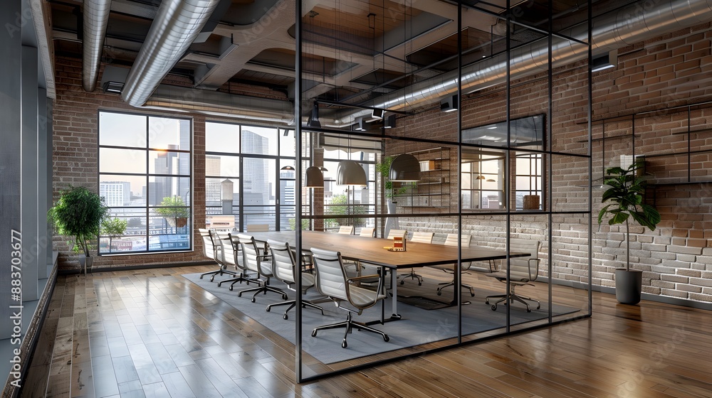 Modern open-plan office, glass-walled conference room, industrial chic ...