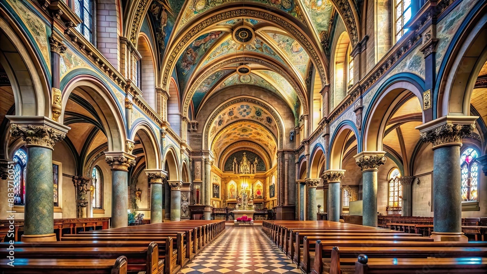 Interior of the ancient church with beautiful arches and ornate ...