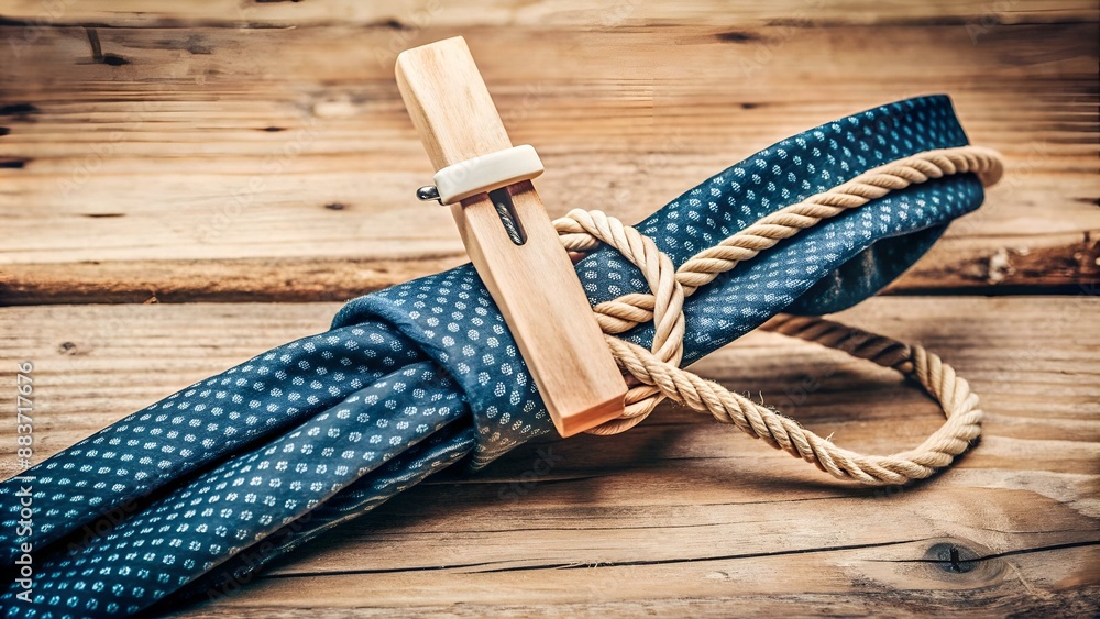 Corbata con su nudo clásico hecho, en una cuerda sujeto con pinzas ...