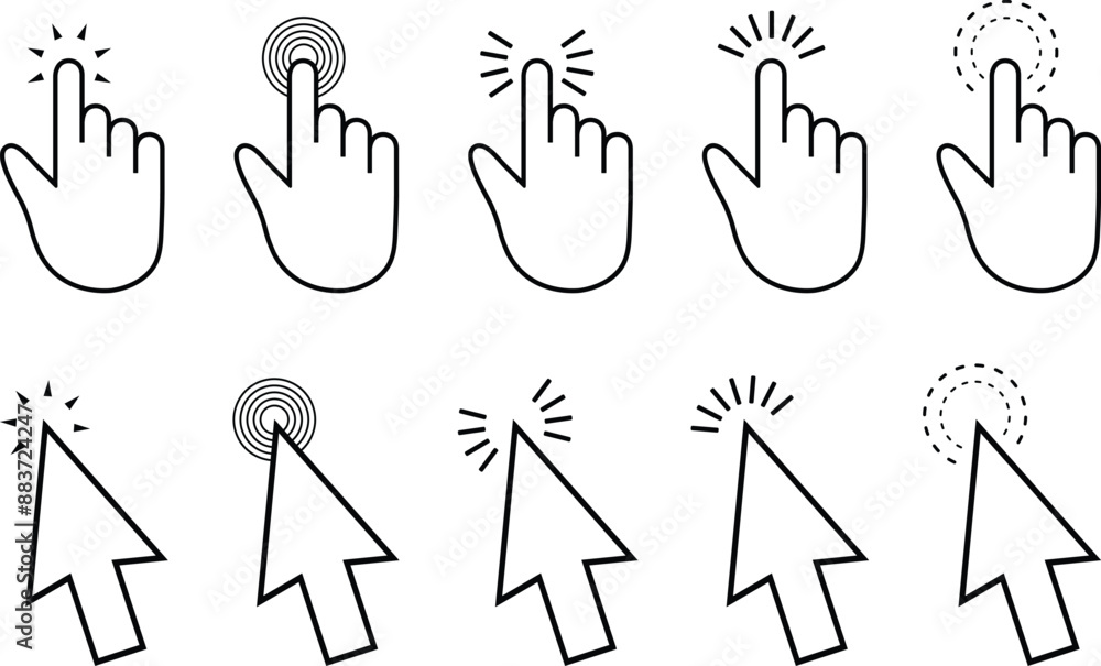 Arrows and hands cursors symbol. Pointing hand clicks and clicking ...