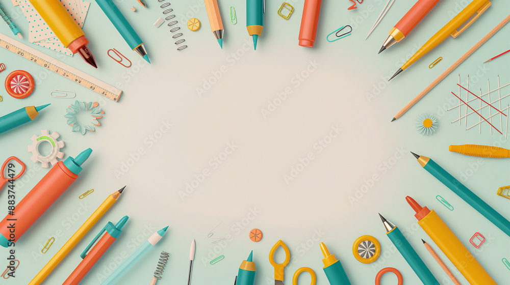 school-themed border featuring colorful markers, scissors, and geometry ...