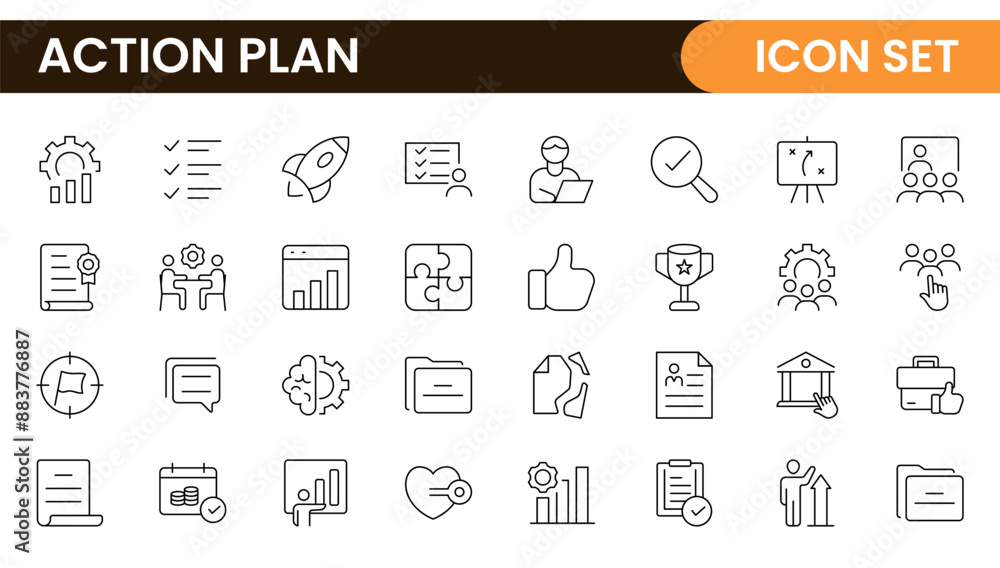 Line icons about action plan. Contains such icons as search strategy ...
