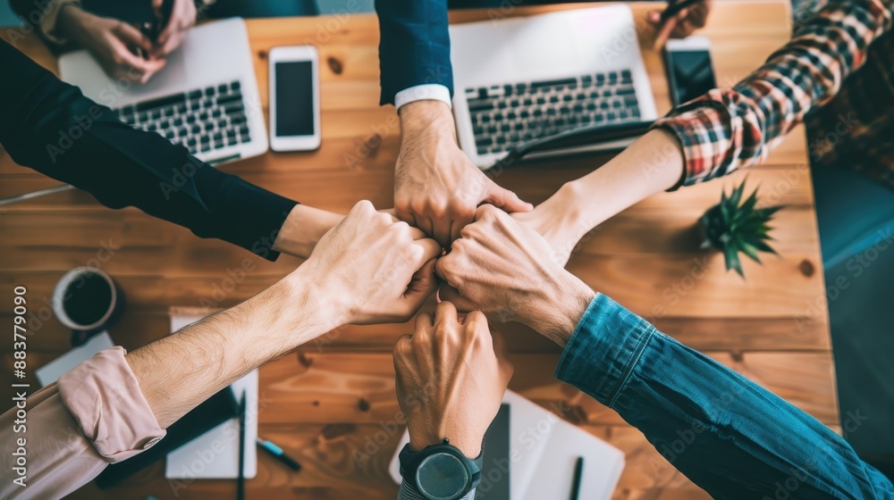 Team of diverse coworkers joining hands in unity over a wooden desk ...
