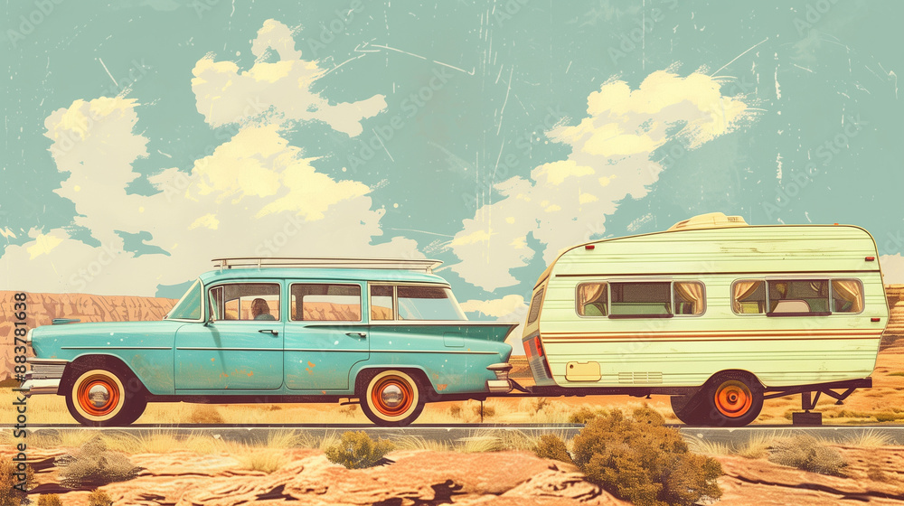 Vintage illustration of an American family on vacation, light blue ...