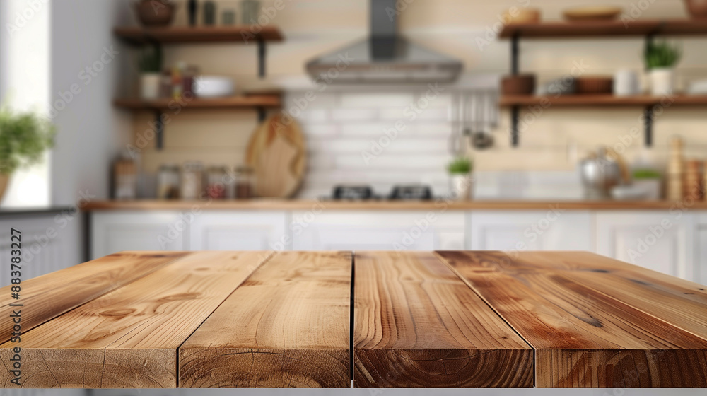 Wooden Table on Blurred Kitchen Bench Background Empty Wooden Table and ...