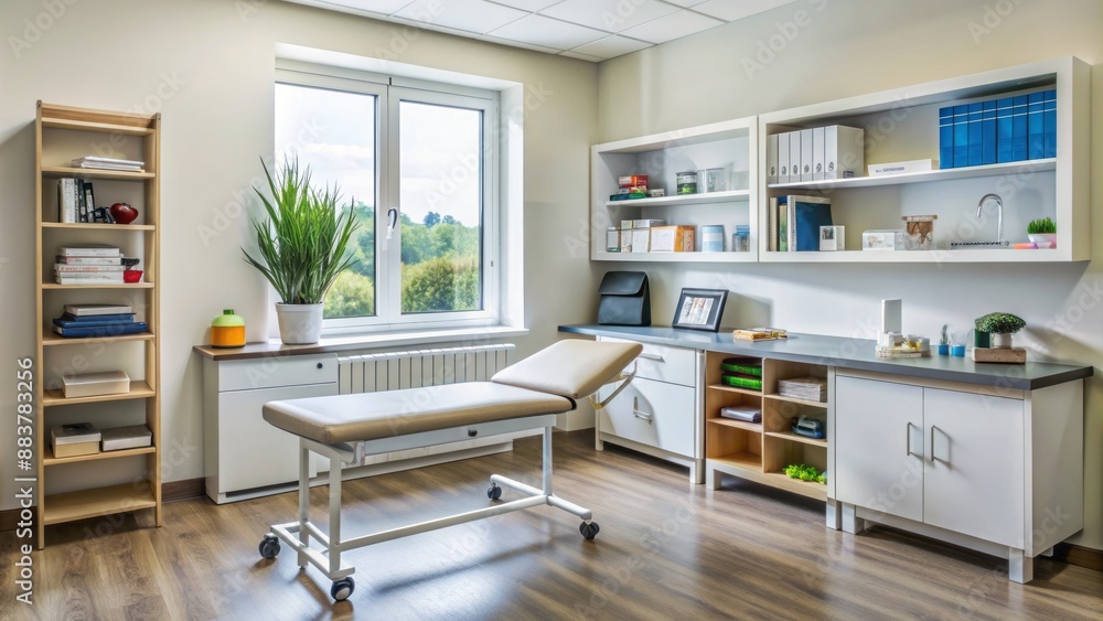 Empty medical consultation room with geriatric examination table ...
