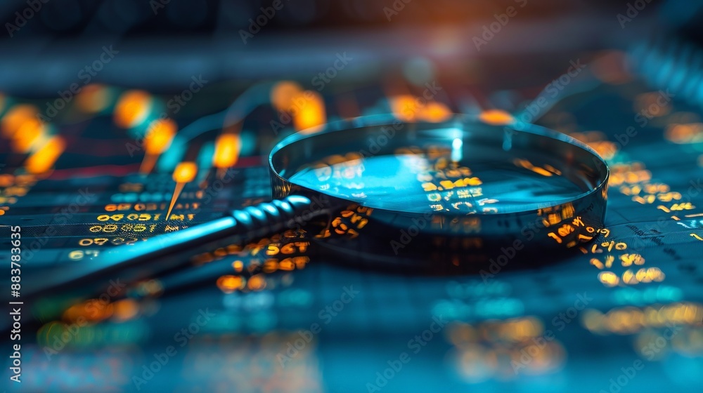 Magnifier on stock market graph chart for investor analysis to find the ...