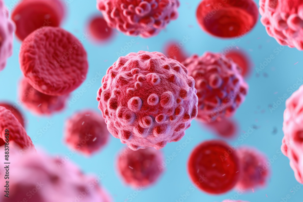 Microscopic view of red blood cells and cancer cells, showcasing the ...