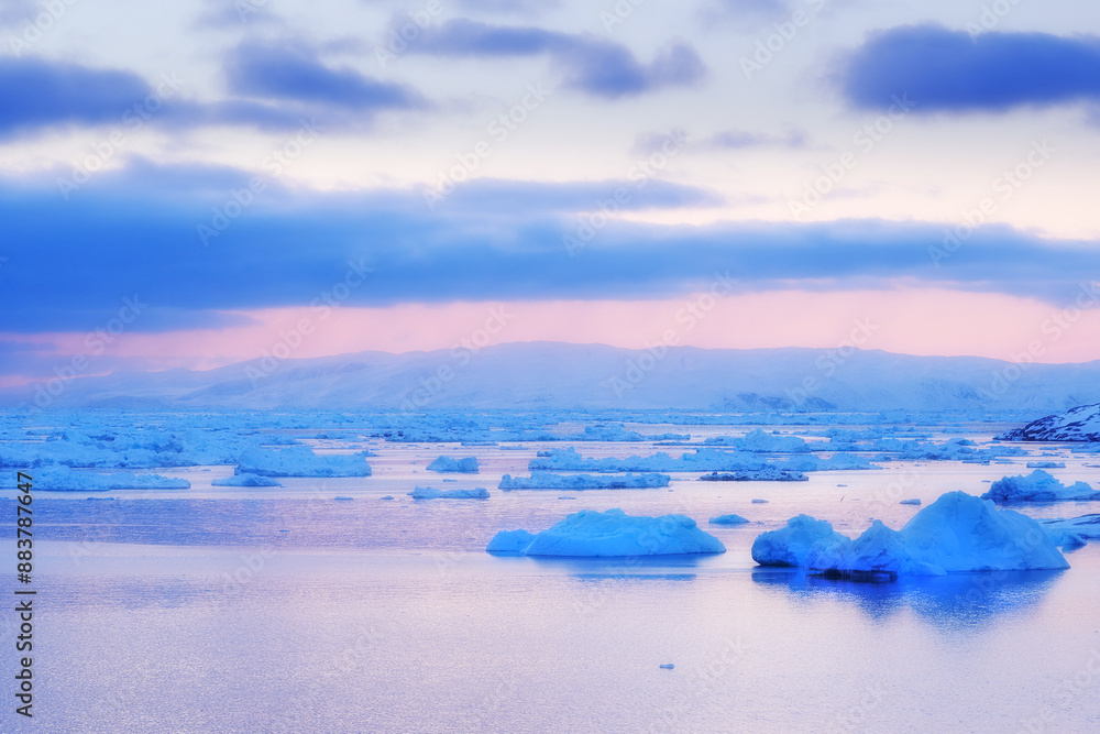 Antarctica, frozen and sky with ice in ocean for cold ecosystem of ...