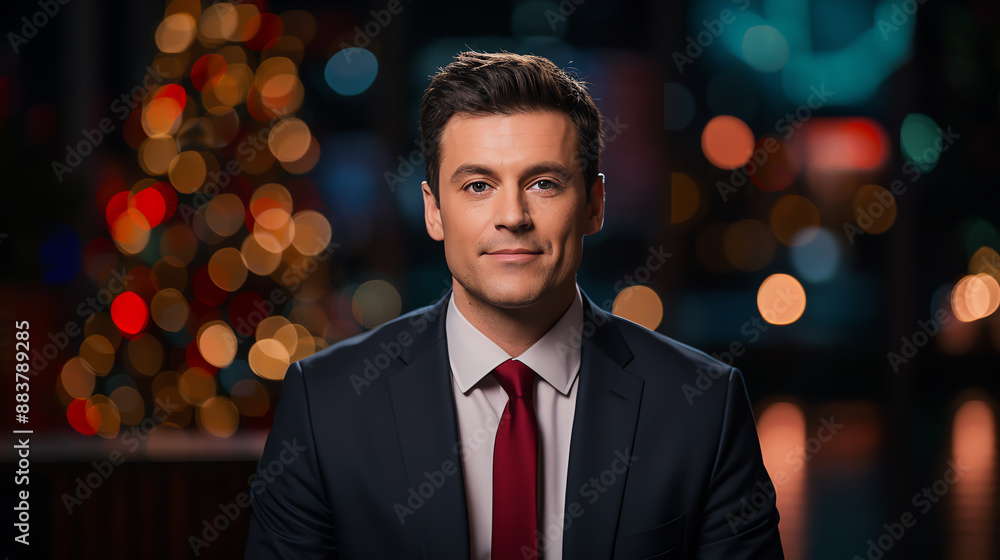Generate a professional headshot of a male news anchor. He should be ...