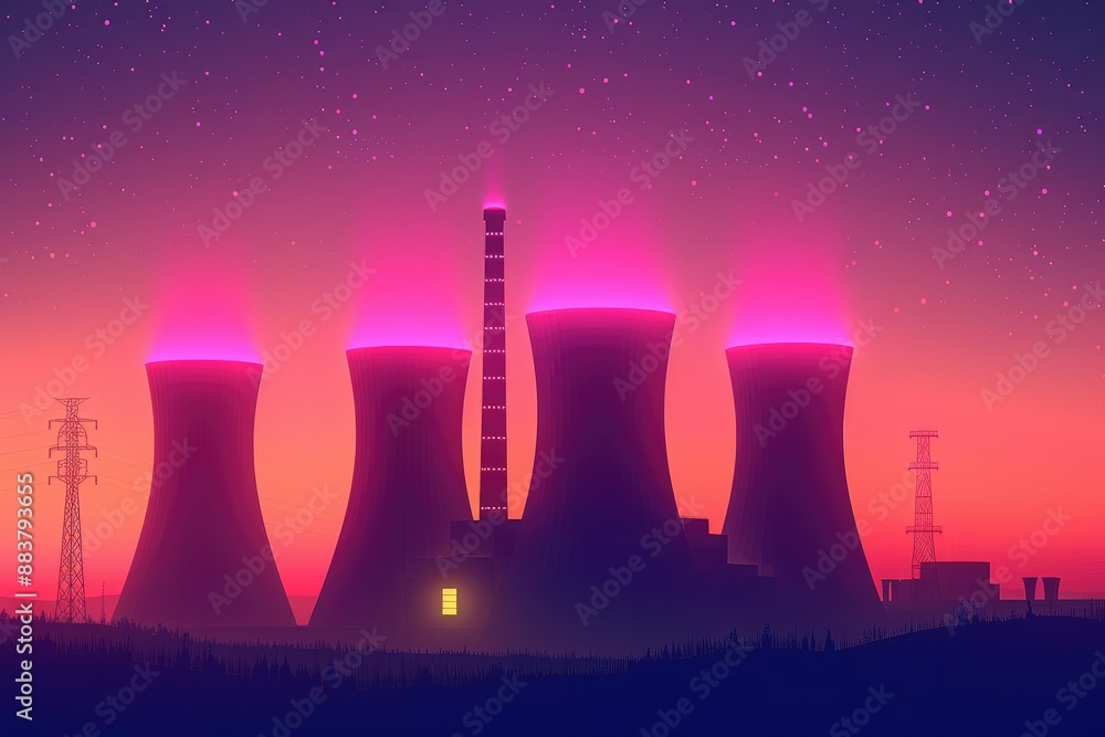 Neon Nuclear Power Plant Silhouette A silhouette of a nuclear power plant against a neon pastel ...