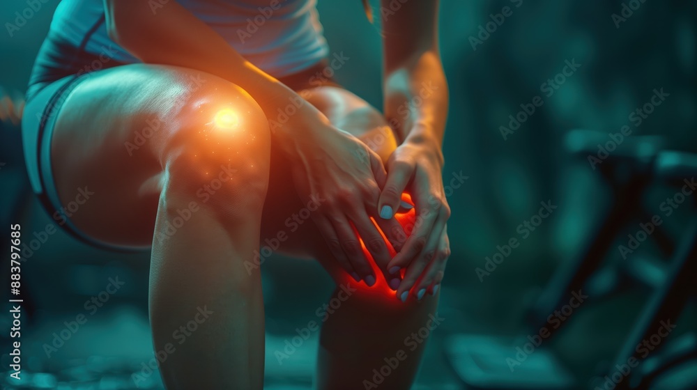 Athlete clutching sore knee in gym, illuminated knee joint, potential ...