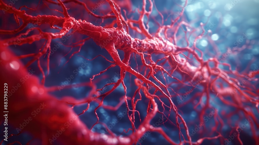 Intricate network of red blood vessels against a blue background ...