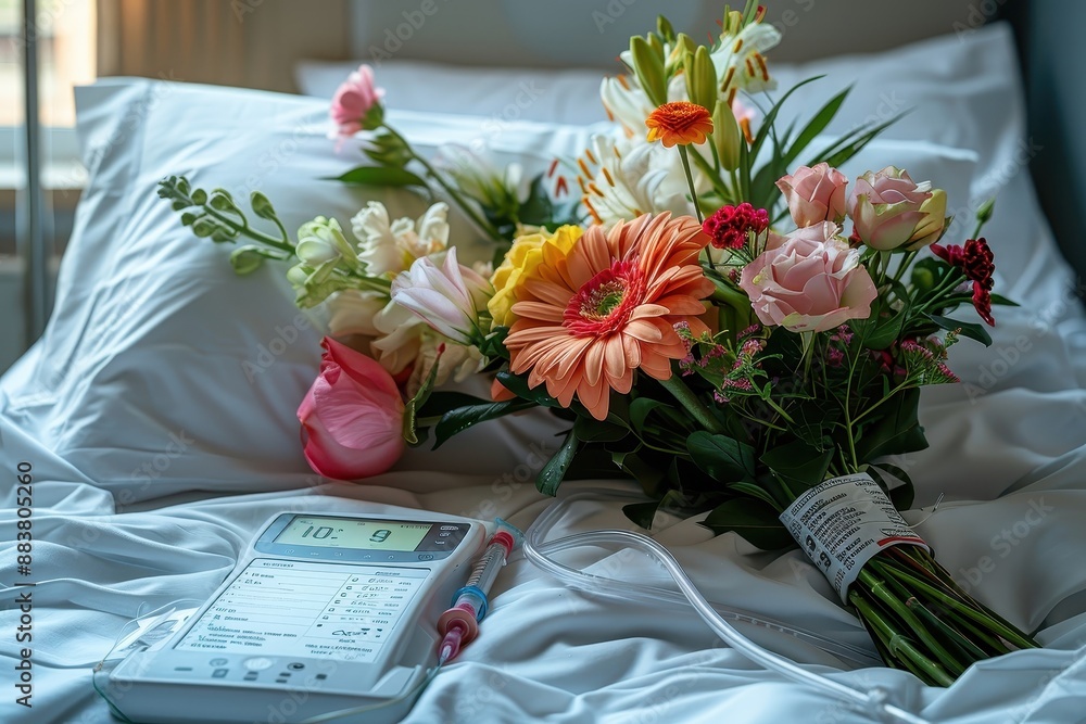 Flat lay of a hospital bed with patient's chart and medical equipment ...