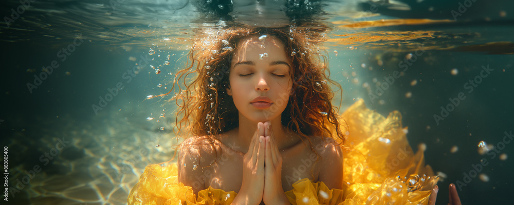 Foto de prayer underwater. young woman in black bikini in yoga position ...