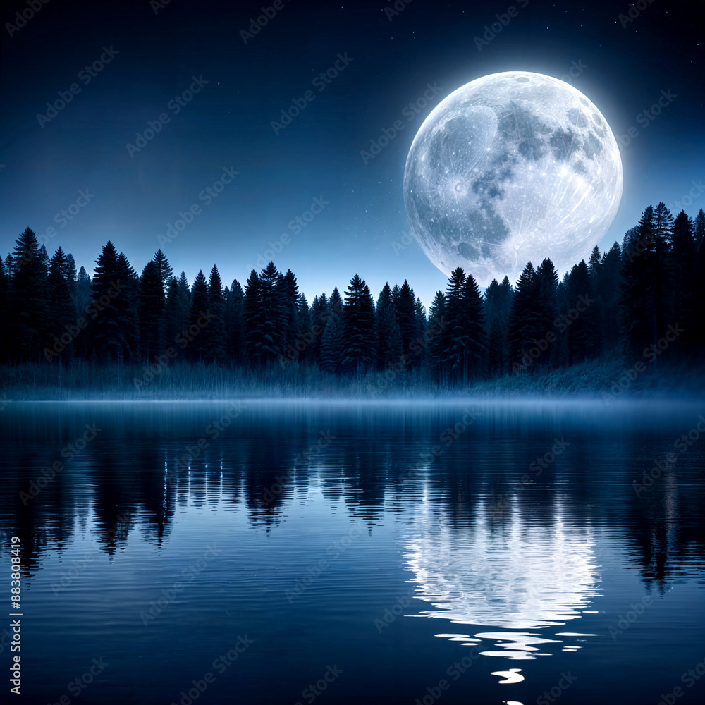 The light of the full moon in the night sky shows a very clear and ...
