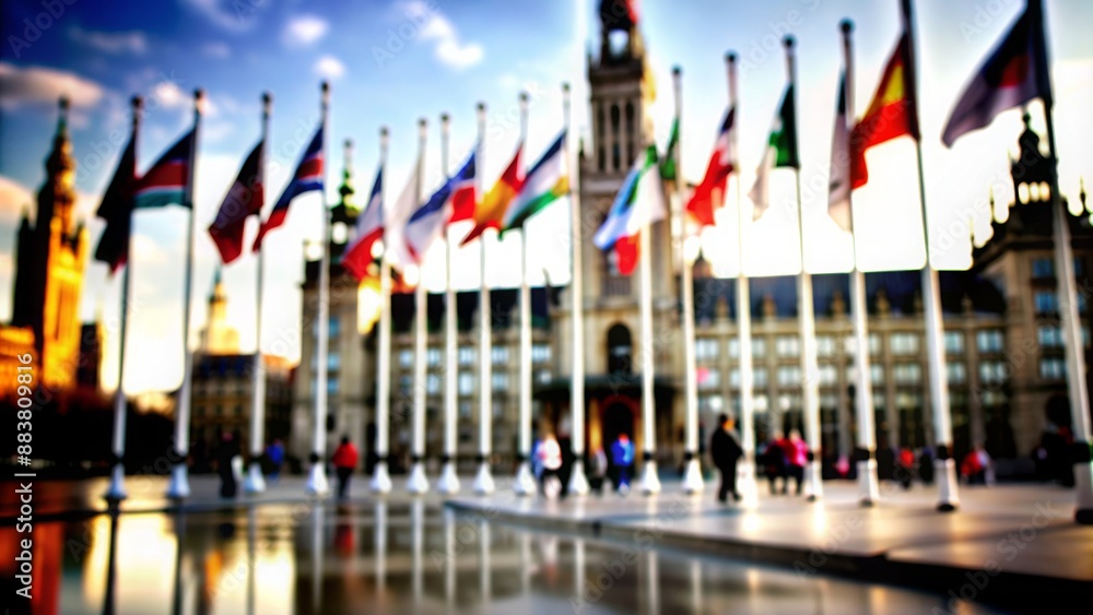 City Hall Plaza Blur: A blurred city hall plaza with flags and civic ...