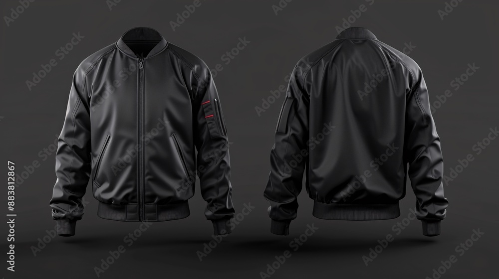 Black bomber jacket mockup front and back view floating on a grey ...