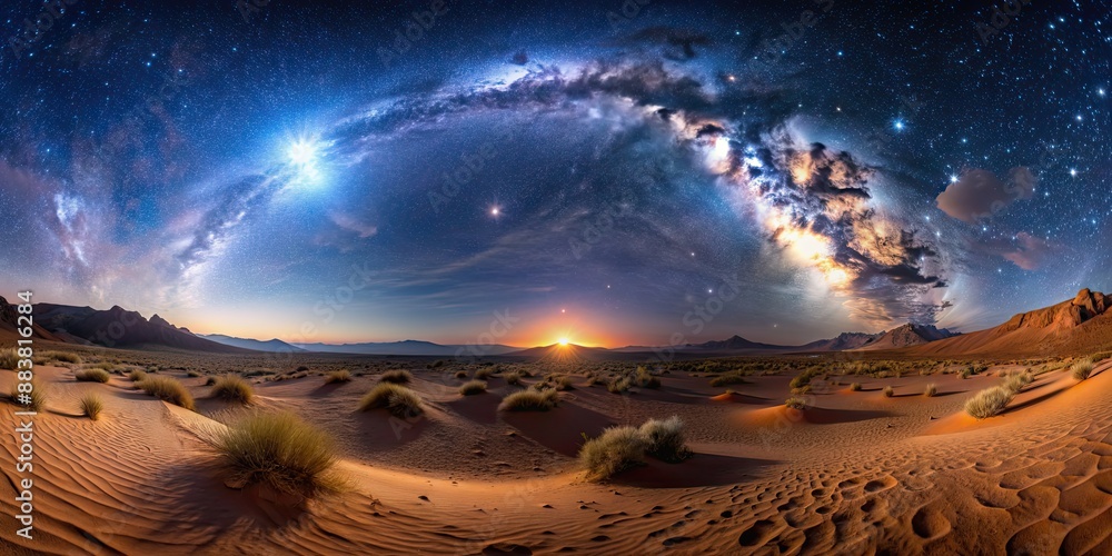 360 degree starry night sky over desert landscape, starry night, sky ...