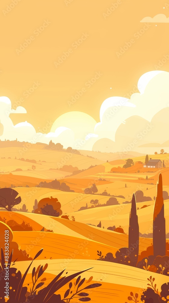 Cute cartoon landscape with rolling sand dunes, desert plants and sun ...