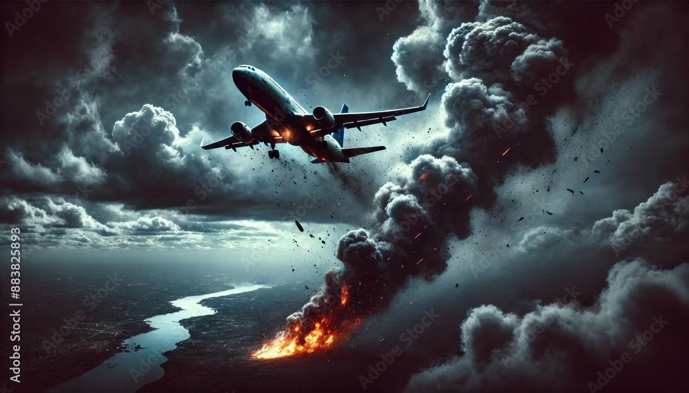 airplane in distress with flames and smoke trailing behind it, flying ...