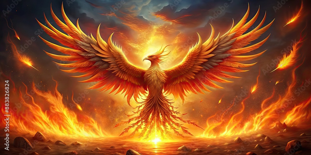 Majestic phoenix rising from the ashes in a fiery display of rebirth ...