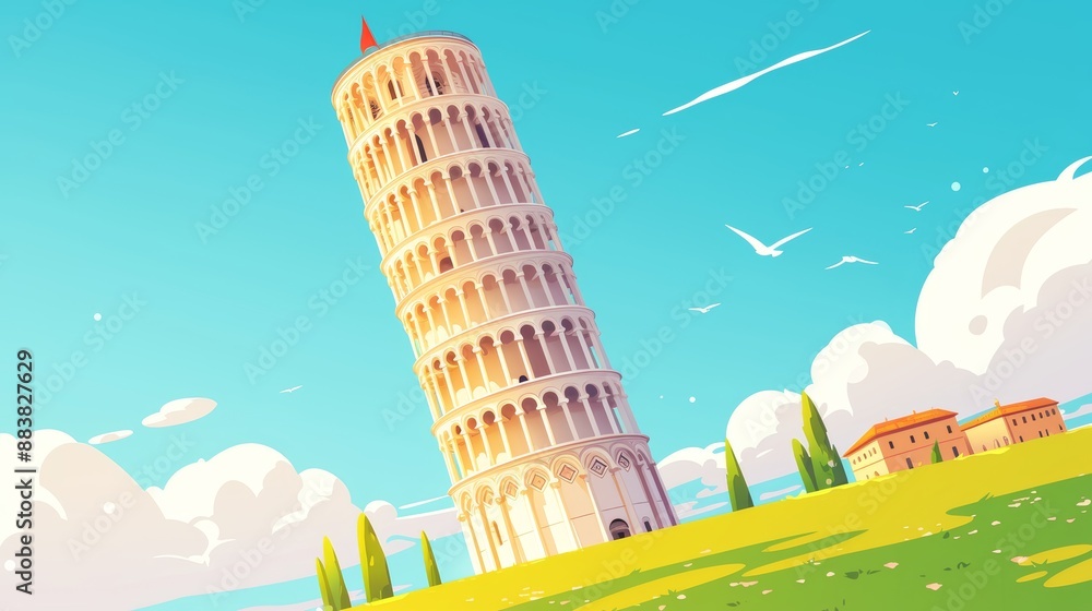 Cute cartoon landscape of the Leaning Tower of Pisa from a whimsical ...
