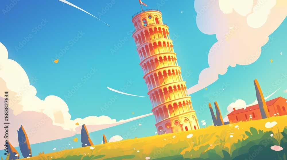 Cute cartoon landscape of the Leaning Tower of Pisa from a whimsical ...