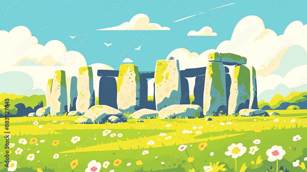 Cute cartoon landscape of the mysterious Stonehenge ancient monument ...