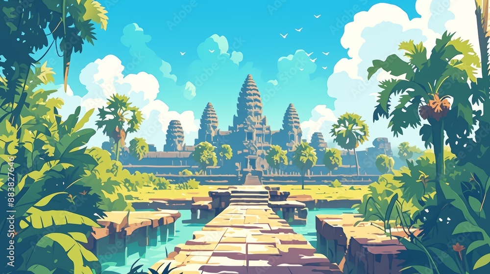 Cute cartoon landscape of the mystical Angkor Wat temple in Cambodia ...