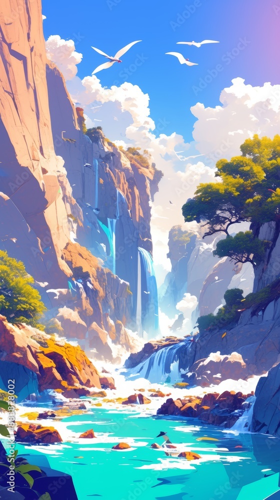 Cute cartoon landscape of a mysterious cove, hidden waterfall and rocky ...