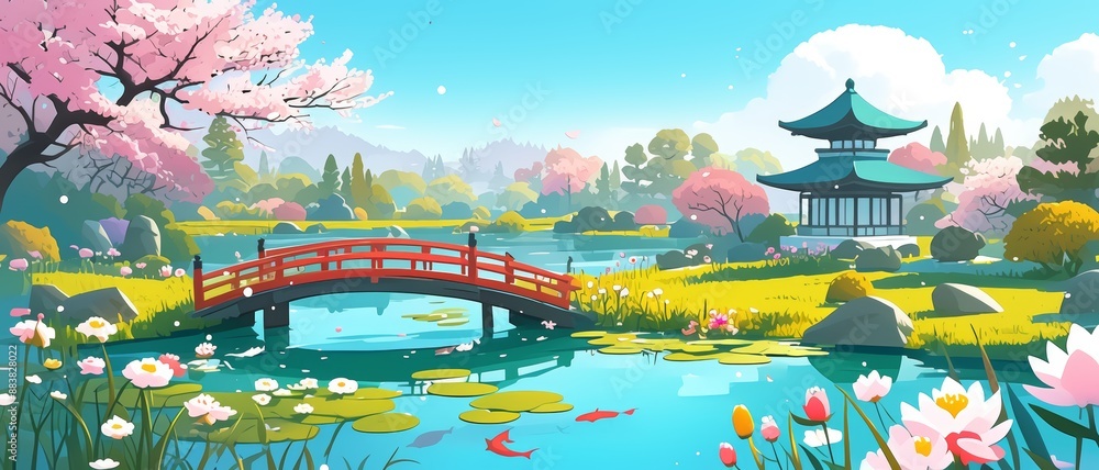 Cute cartoon landscape of a serene Japanese garden, pagodas and koi ...