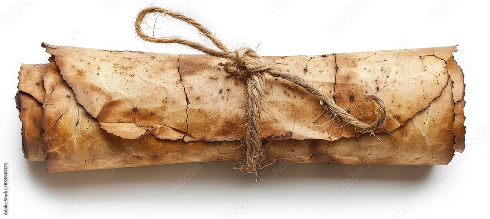 Vintage scroll tied with twine isolated on white background, top view ...