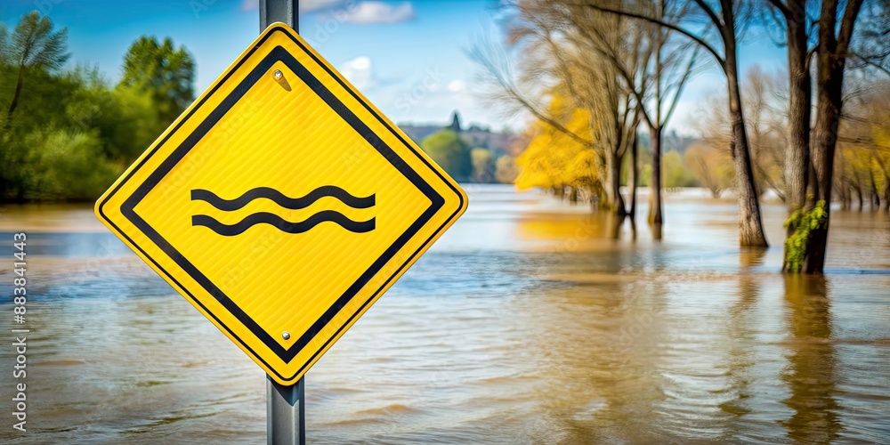 A caution sign warning of a flood zone ahead , flood, danger, warning ...