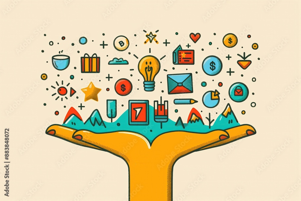 A vector illustration style of Hand Holding Reward Icons A simple ...