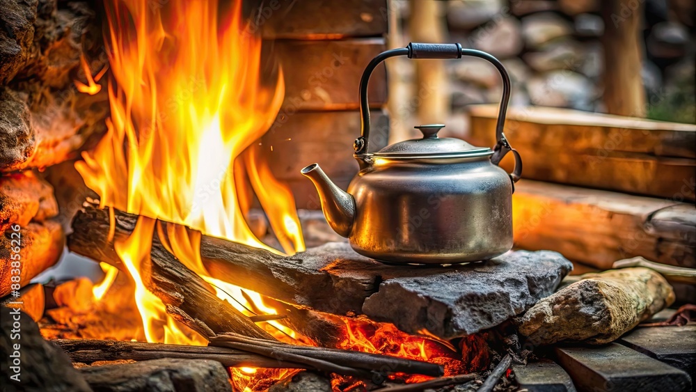 Kettle boiling over open fire in rustic setting, kettle, fire, boiling ...
