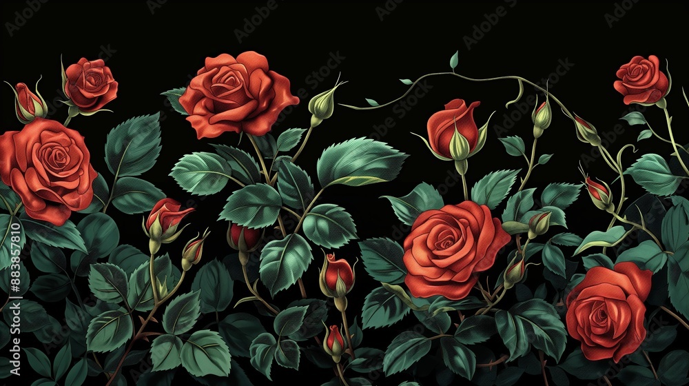 An rose bush with red roses in various stages of bloom, isolated on a ...